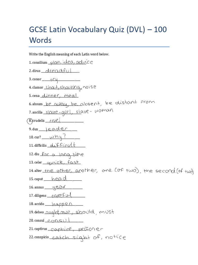 GCSE Latin DVL 100 Word Quiz | PDF