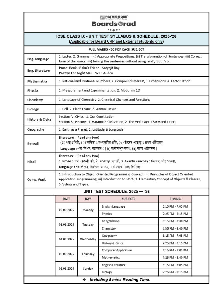 ICSE IX Unit Test Syllabus & Schedule - 2025-'26 | PDF