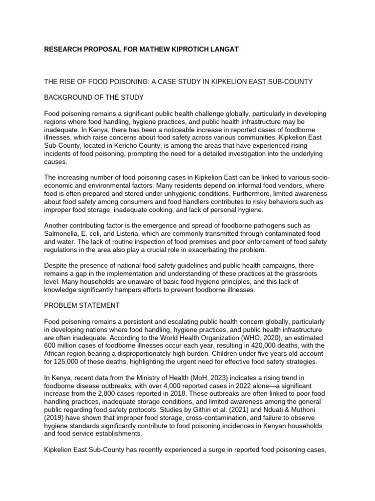 Research Proposal For Mathew Kiprotich Langat | PDF | Foodborne Illness | Food Safety