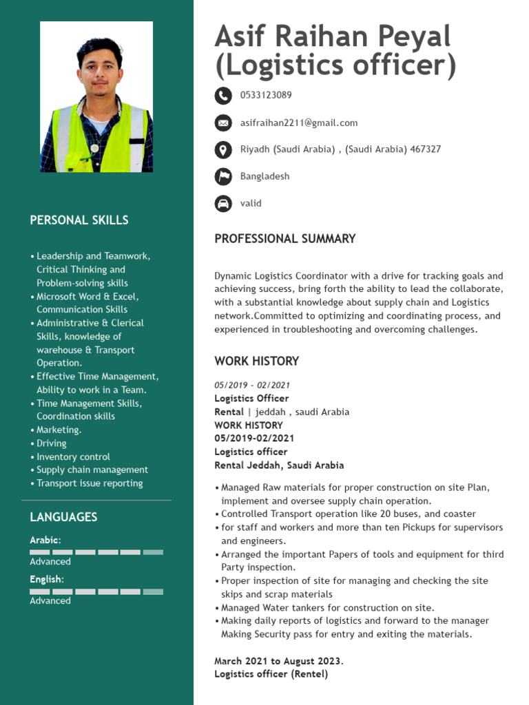 Logistics Officer Skills and Experience | PDF | Logistics | Saudi Arabia
