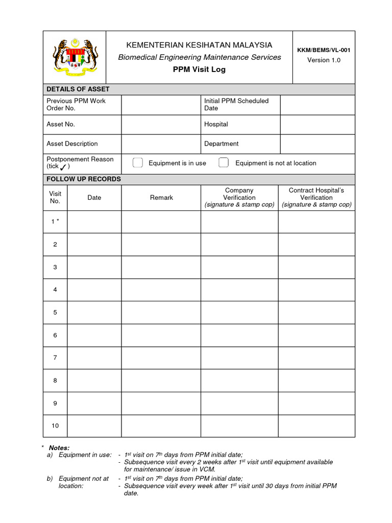 PPM Visit Log for Biomedical Equipment | PDF