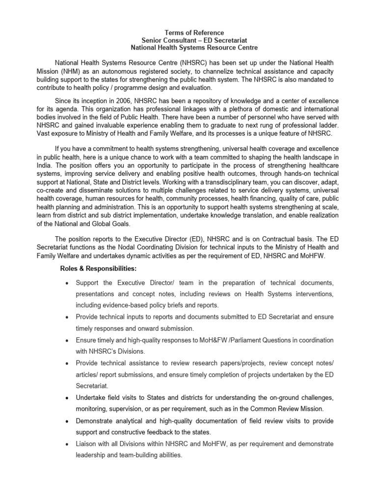 Terms of Reference ED Secretariat | PDF | Health Care | Social Programs