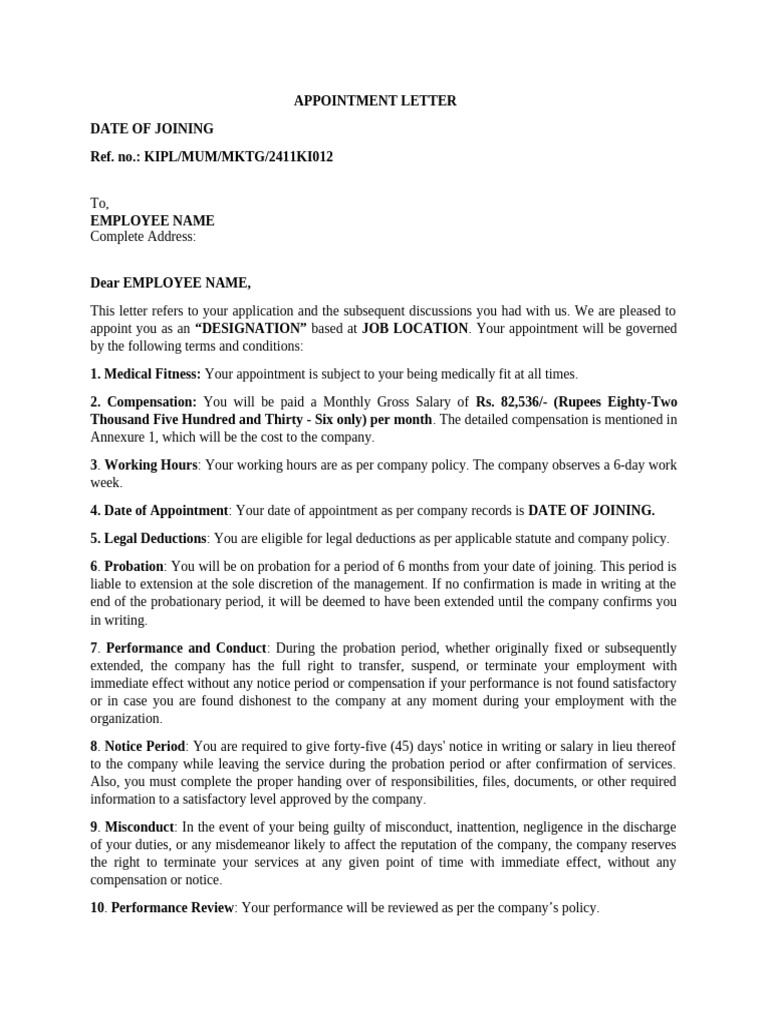 Appointment Letter - SAMPLE | PDF | Employment | Justice