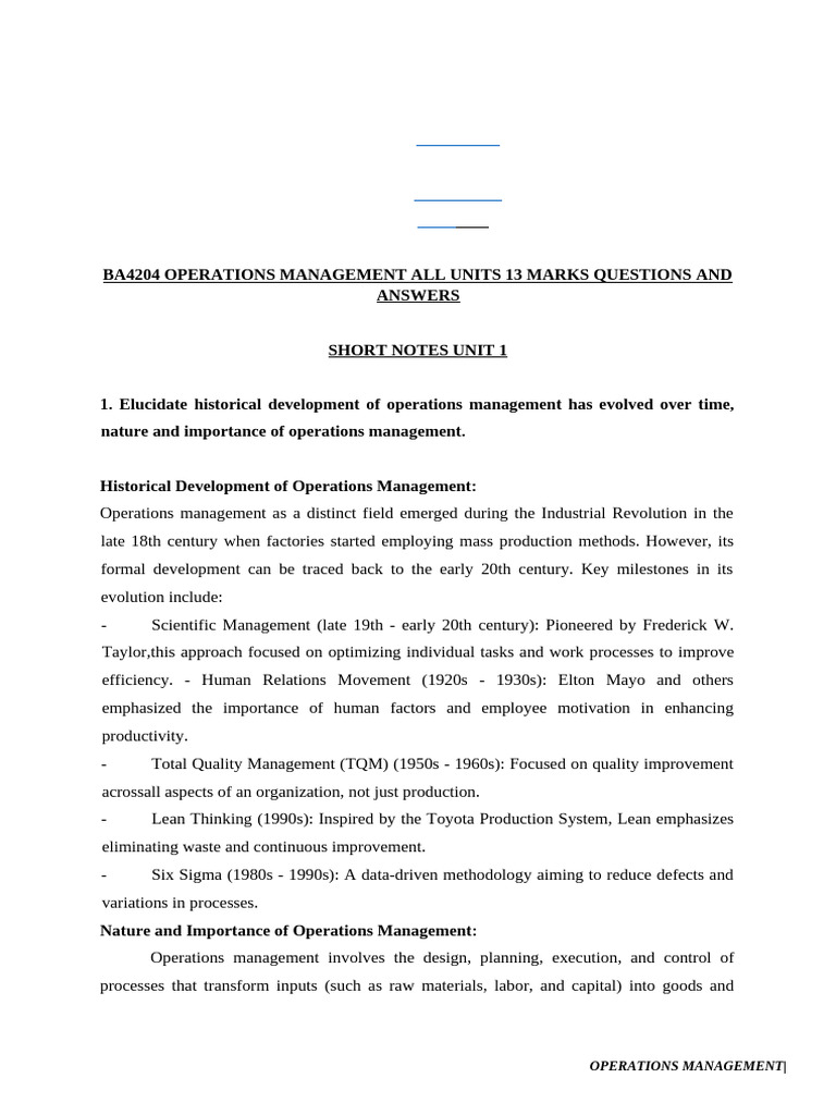 Operations Management OM - BA4204 - Important Questions With Answer ...