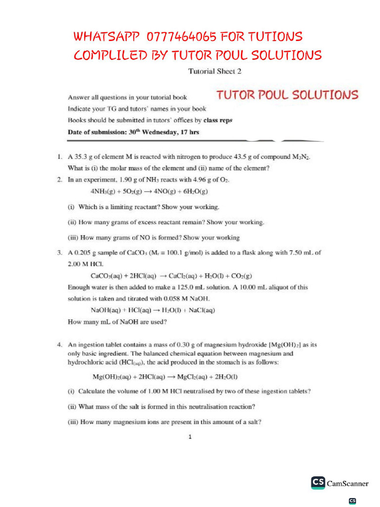 Che 2021 Ts2 Full Solutions - Stoichiochemistry | PDF