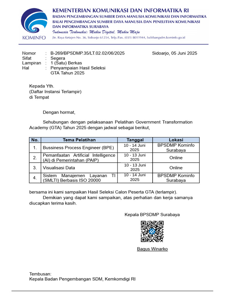 Surat Penerimaan Peserta GTA | PDF