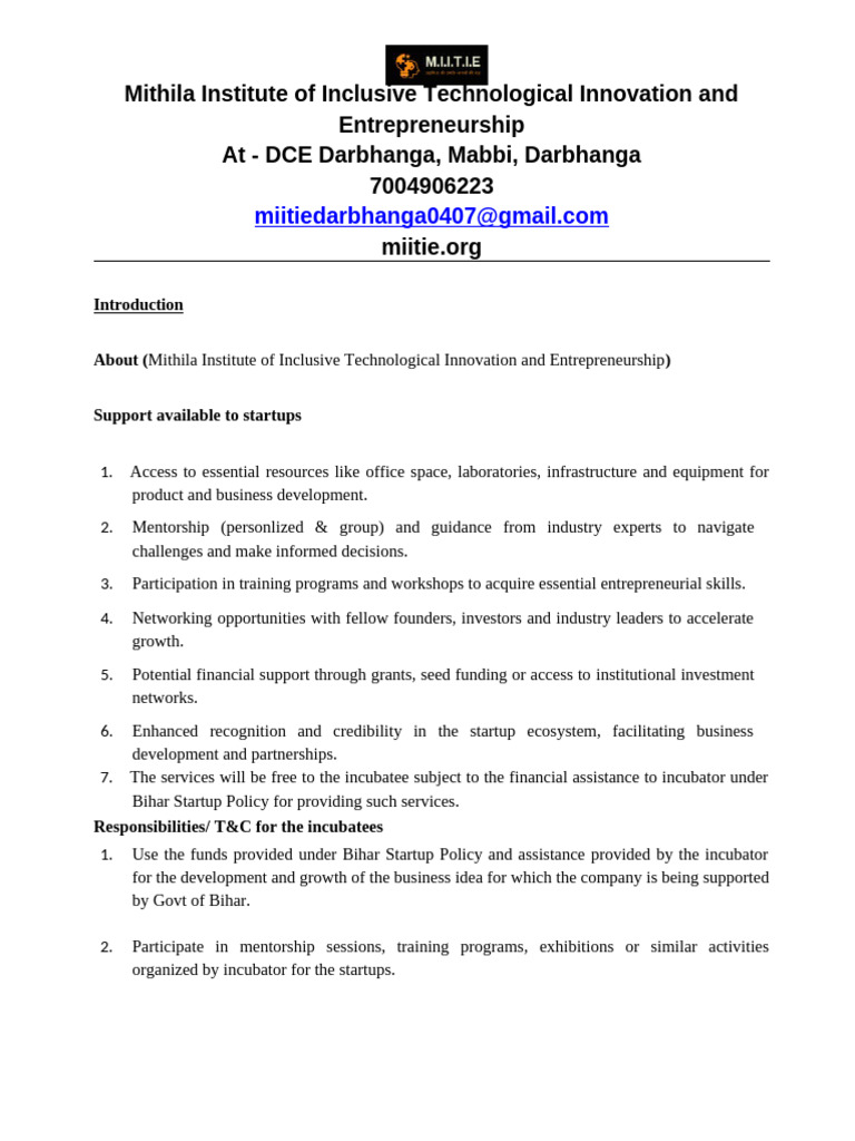 MIITIE Application Form-2 | PDF | Startup Company | Small Business & Entrepreneurs