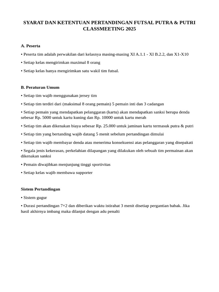 Syarat Pertandingan Futsal Kelas 2025 | PDF