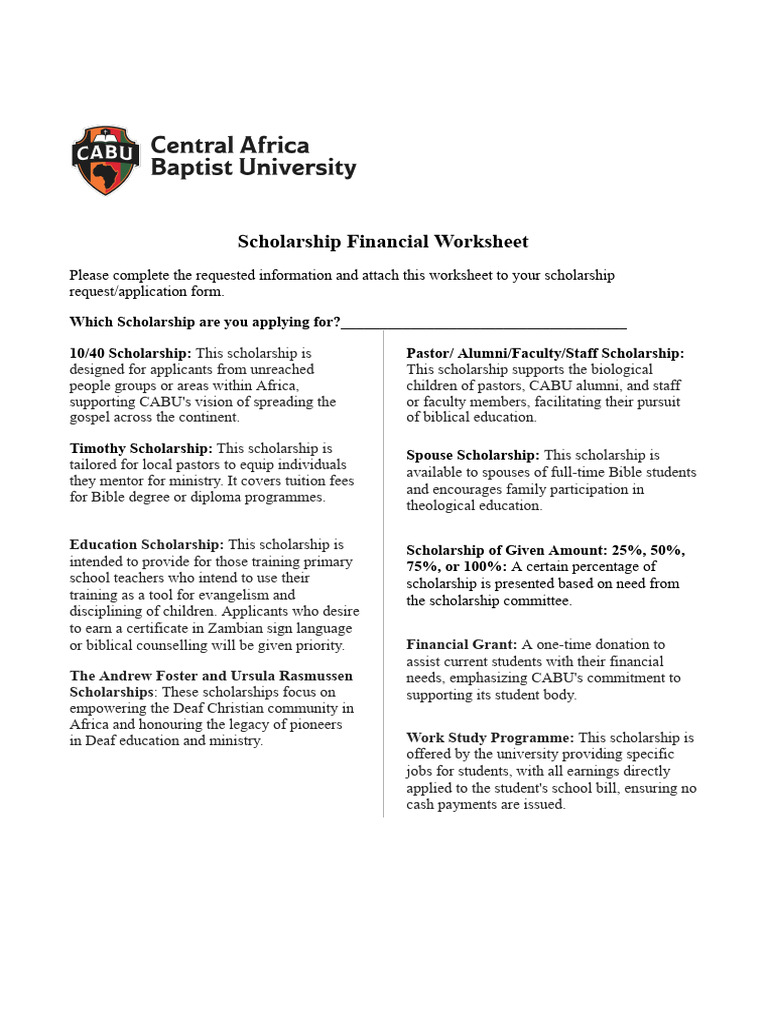 Scholarship Application Financial Worksheet | PDF