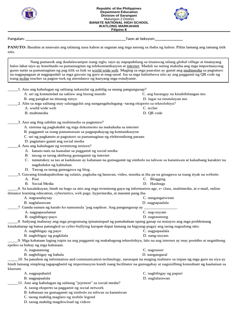 Filipino 8 3rd Grading | PDF