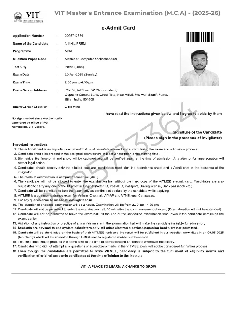 Vit Admit Card - 2025 | PDF