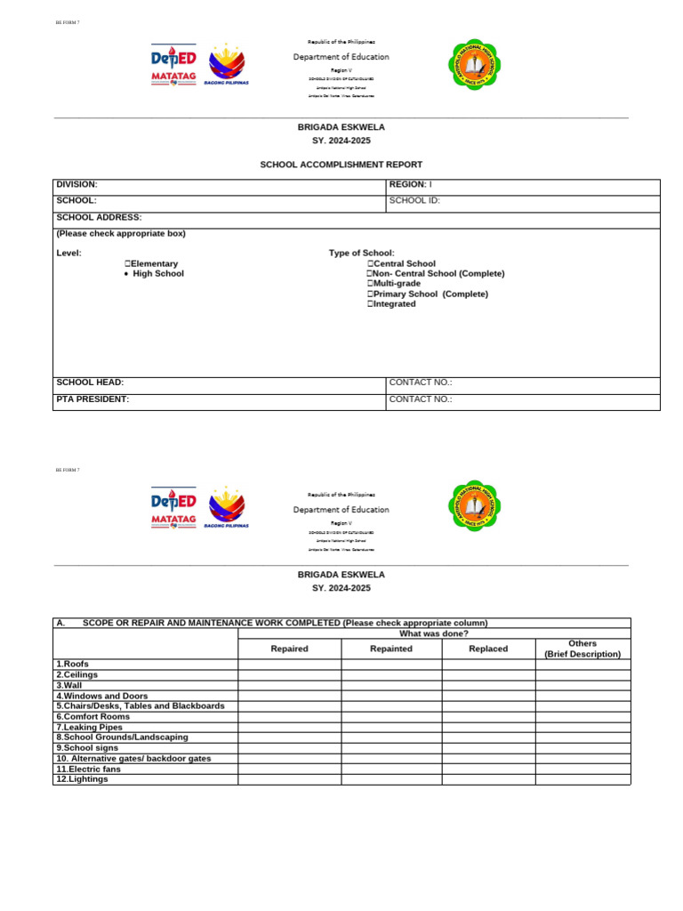 Brigada Eskwela Form 7 School Accomplishment Report | PDF