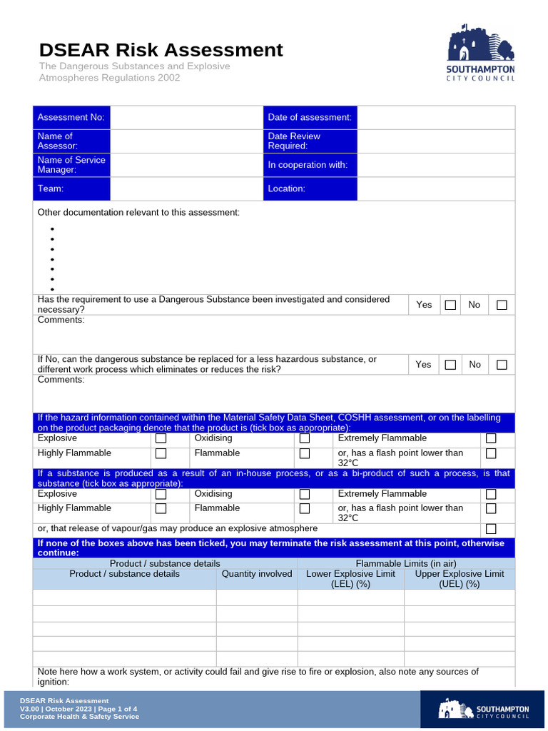 DSEAR Risk Assessment Template | PDF | Occupational Safety And Health ...
