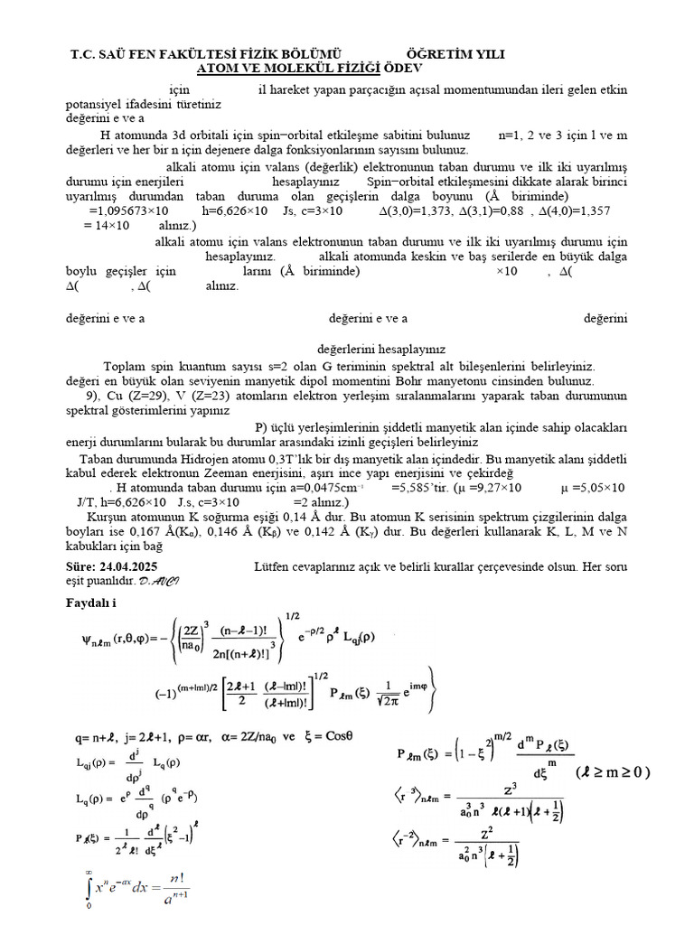 Atom Molekül Fizi I Ödev Sorulari 24.04.2025 | PDF