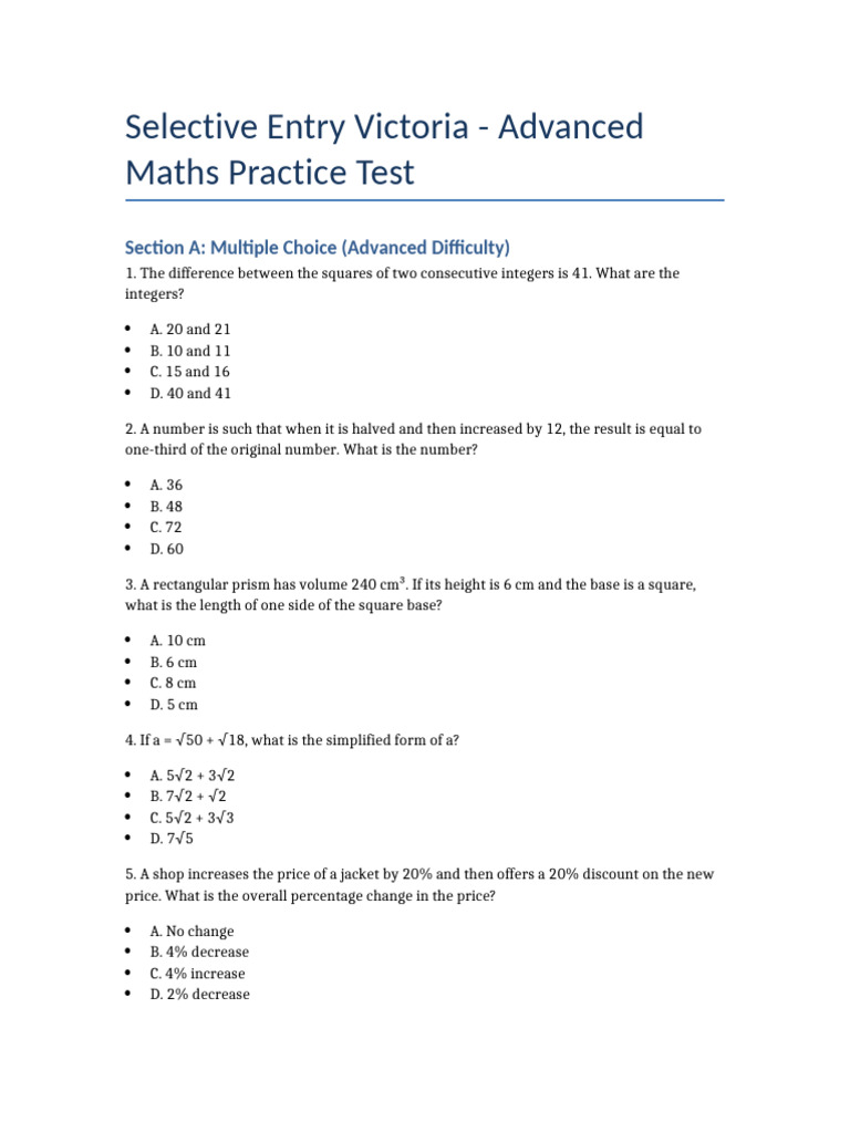 Advanced Maths Practice Test for Selective Entry | PDF