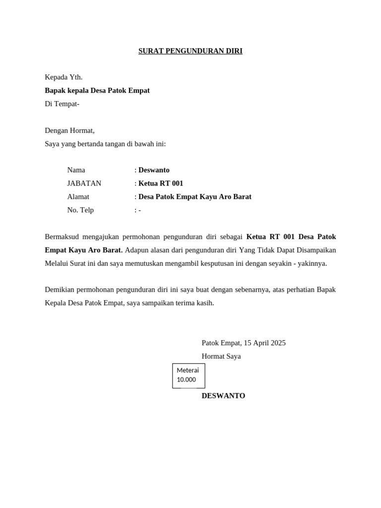 Surat Pengunduran Diri Ketua RT 001 | PDF