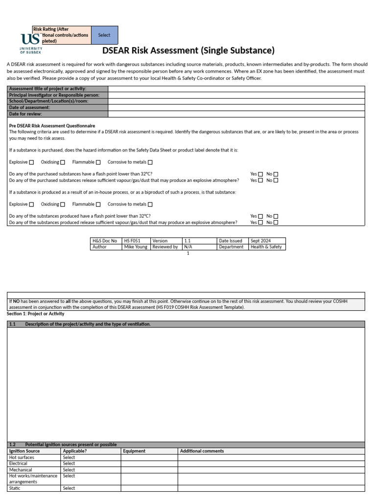 HS F051 DSEAR Risk Assessment Template (Single Substance) - (Sept 2024 ...