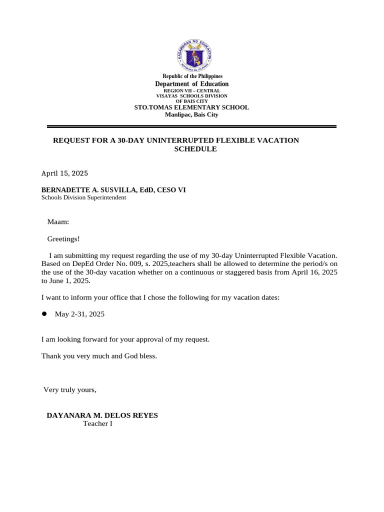 Letter of Intent For 30 Day Flexi Vacation Leave | PDF