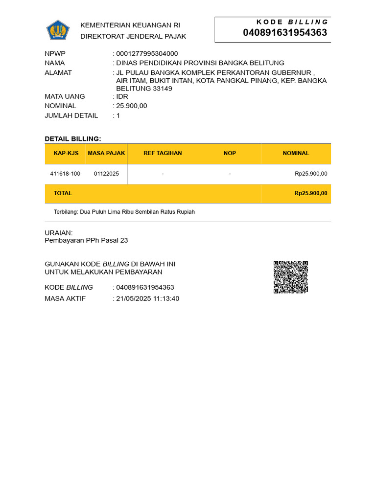 Kode Billing Pajak Makan Minum Rapat Kelulusan & Kombel TGL 02 Mei 2025 | PDF