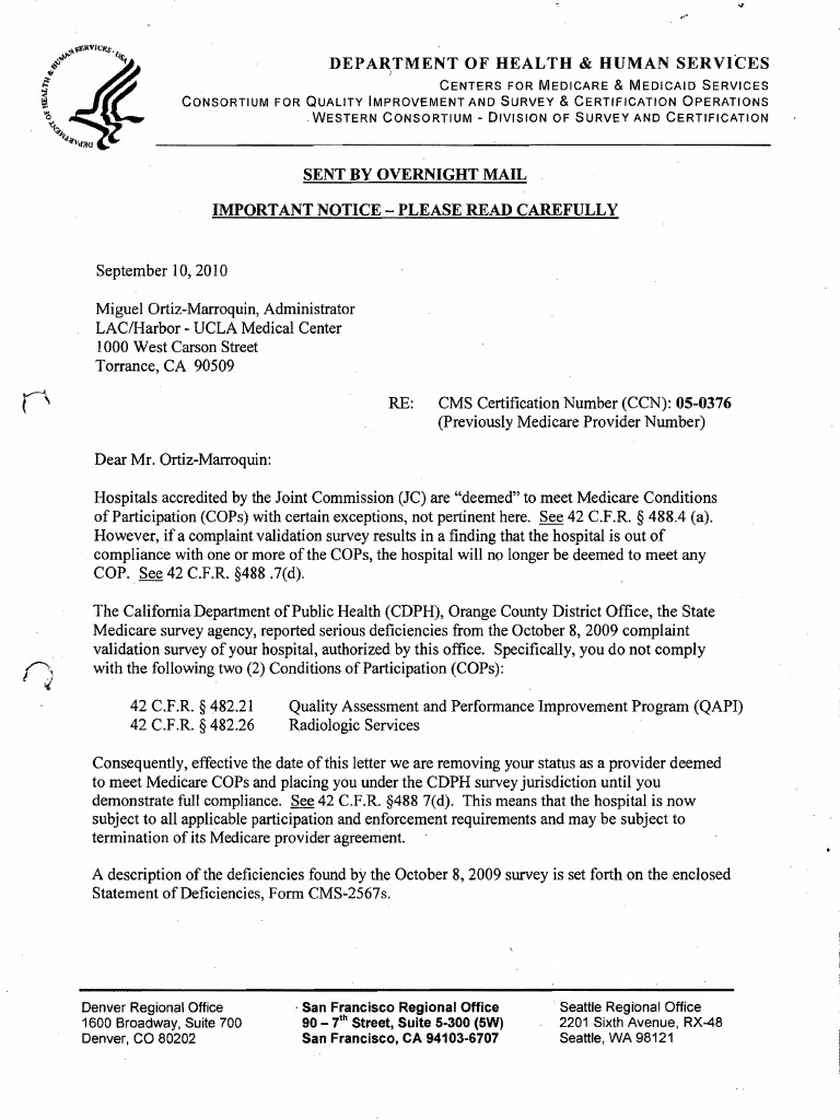 Federal Warning Letter To Los Angeles County Harbor-UCLA Medical Center ...