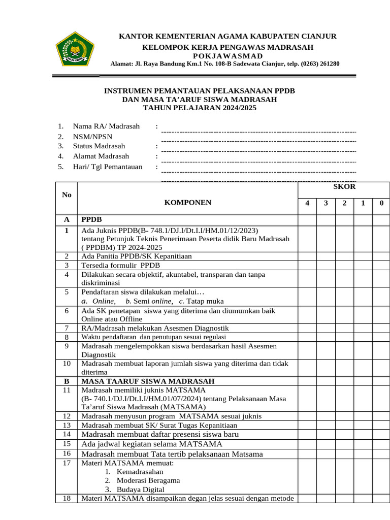 Instrumen PPDB Dan Matsama Ra Dan Mi | PDF