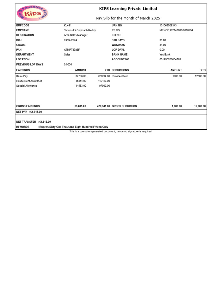 KL481 Payslip Mar2025 | PDF