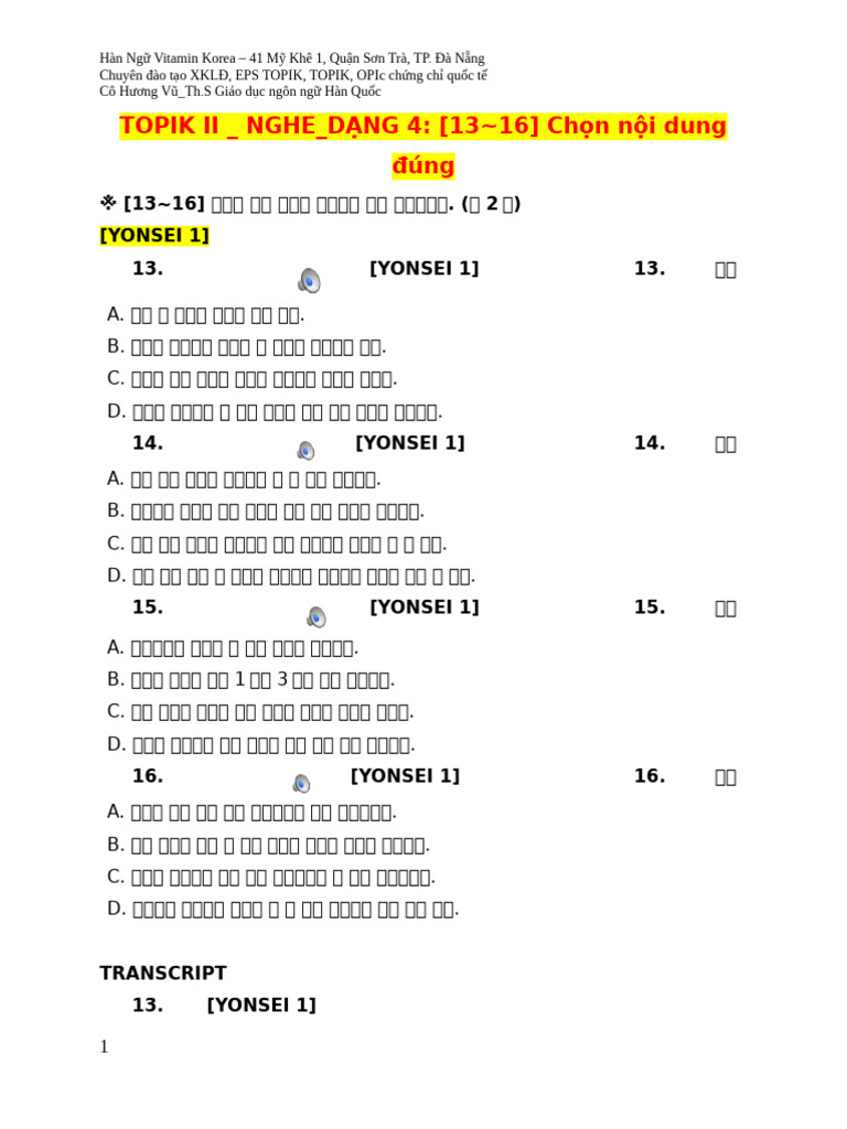 Topik Ii Nghe - Câu 13-16 - Yonsei | PDF