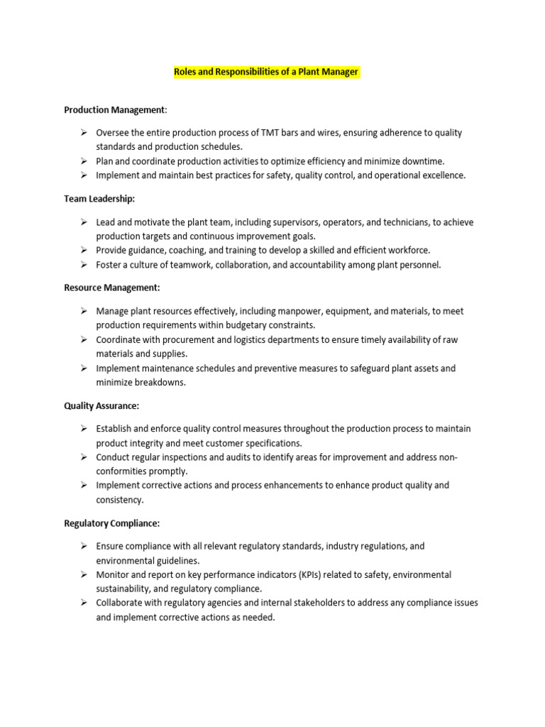 Roles and Responsibilities of A Plant Manager | PDF | Regulatory Compliance | Safety