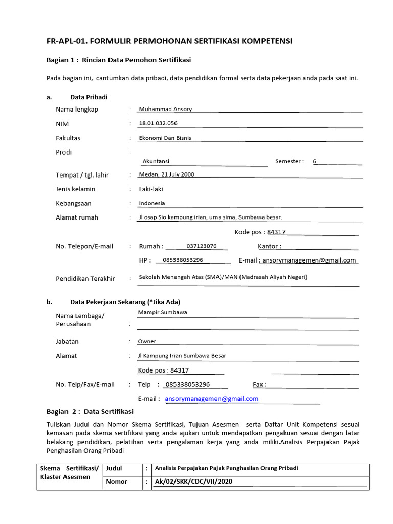 01.-FR-APL-01.2020 (Ahli Muda Analisis Perpajakan_PPH 21 M.ansory | PDF