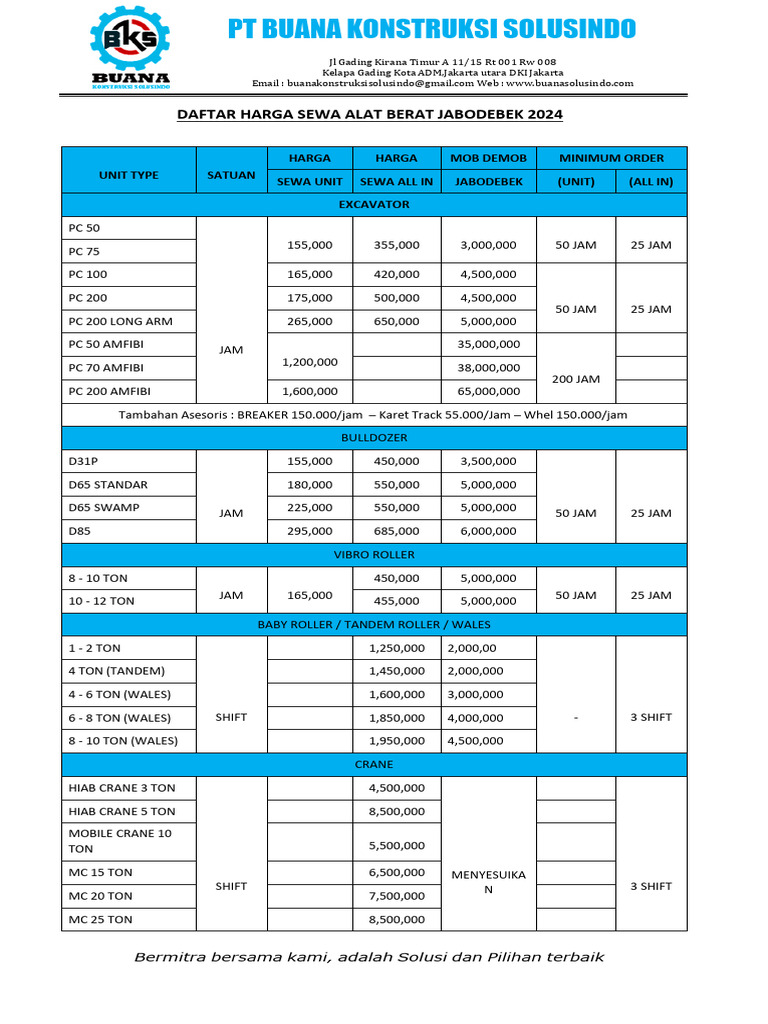 Pricelist Harga Sewa Alat Berat 2024 | PDF