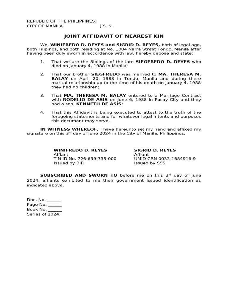 Joint Affidavit of Nearest Kin - Winifredo and Sigrid | PDF