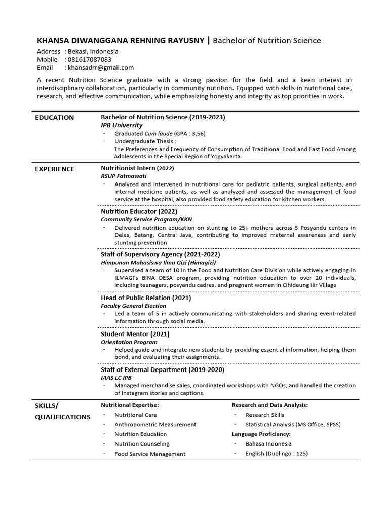 Resume - Khansa Diwanggana RR | PDF | Health Care