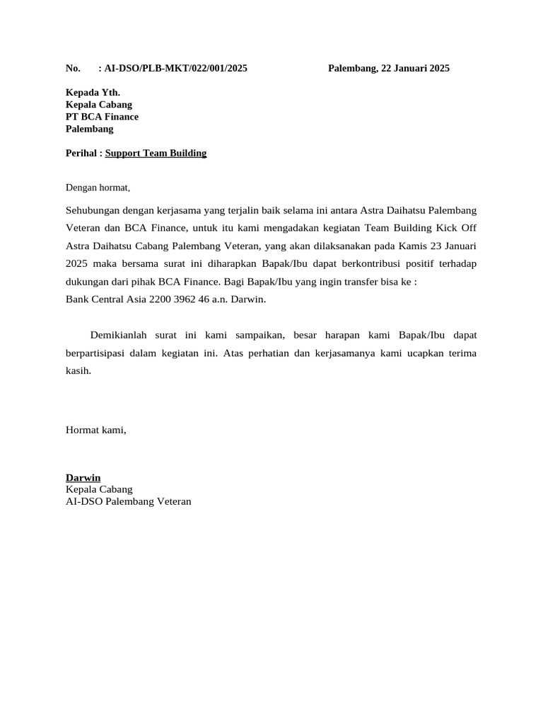 Surat Permohonan Support (Team Building)[1] | PDF