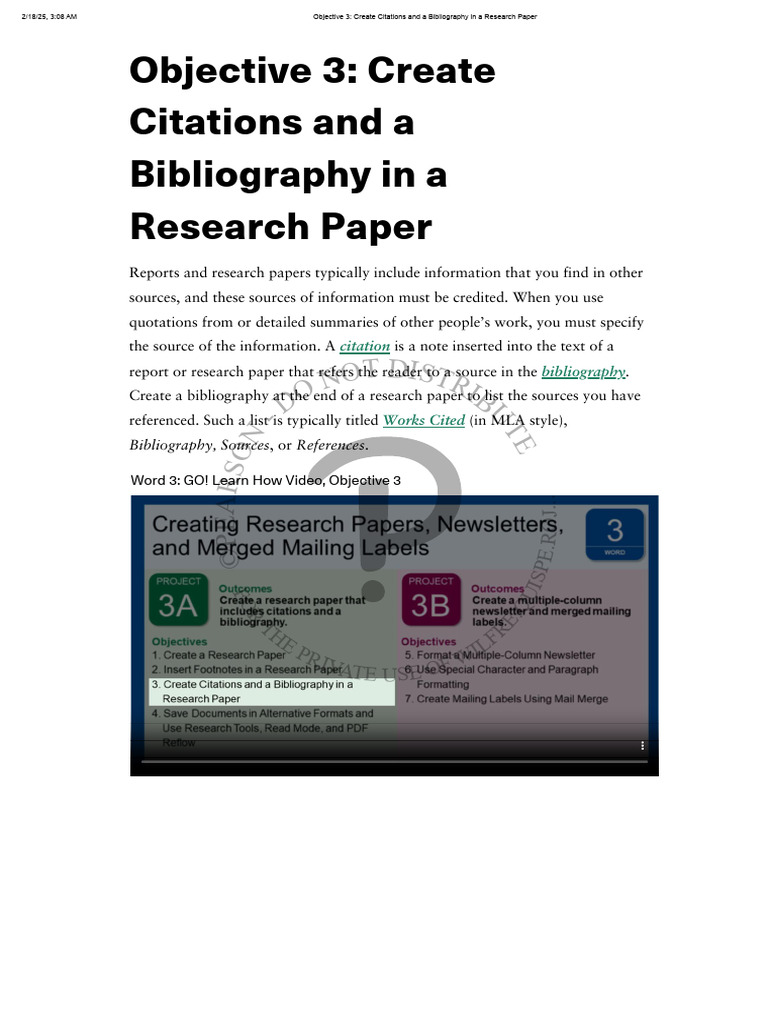 Objective 3 - Create Citations and A Bibliography in A Research Paper ...