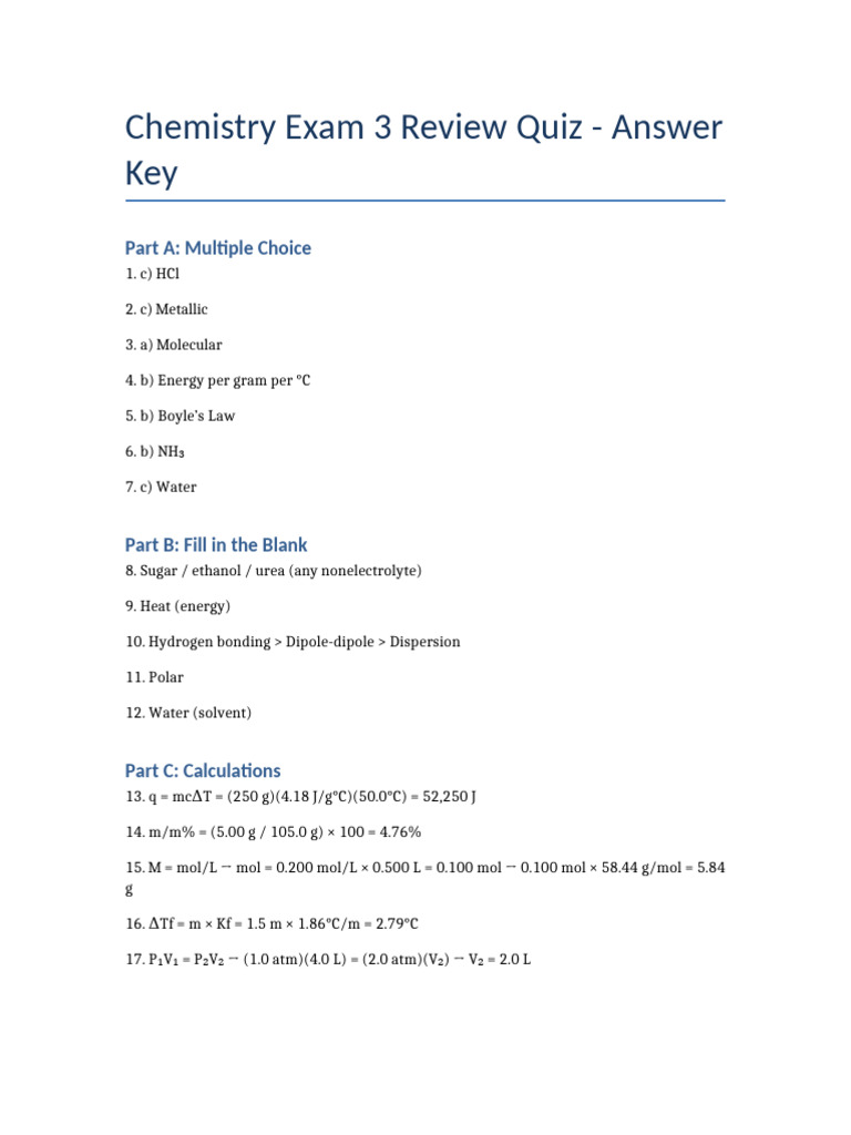 Chemistry Exam 3 Review Answers | PDF