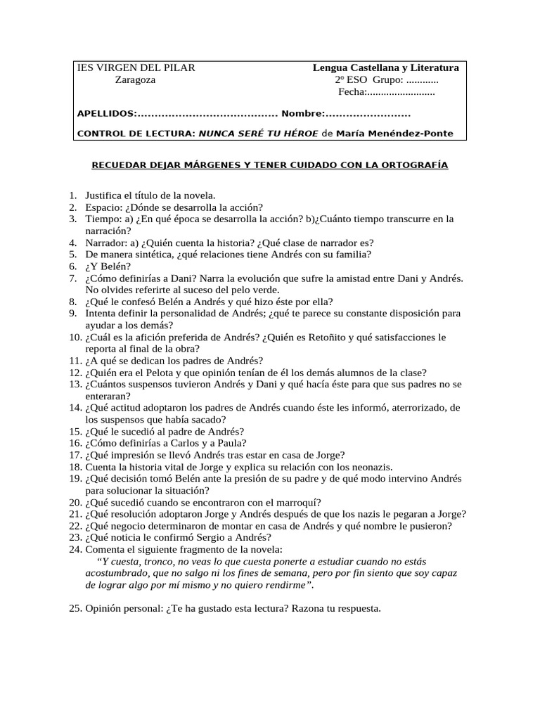 Control de Lectura NUNCA SERÉ TU HÉROE de María Menéndez Ponte | PDF