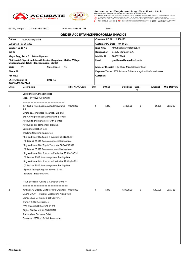 Proforma Invoice for Engineering Components | PDF
