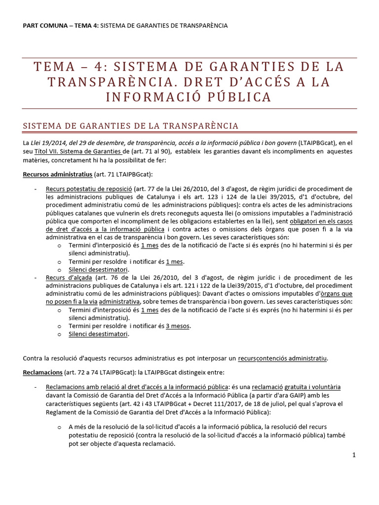 TEMA 4 - Sistema de garanties de transparència | PDF