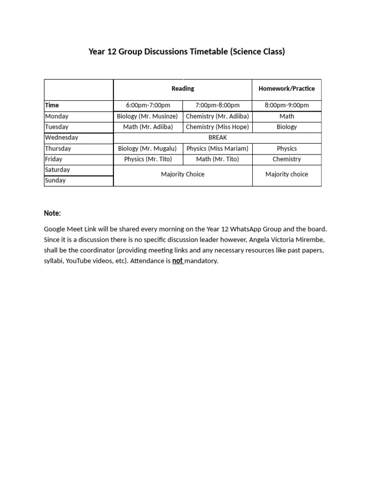 Year 12 Science Discussion Timetable | PDF