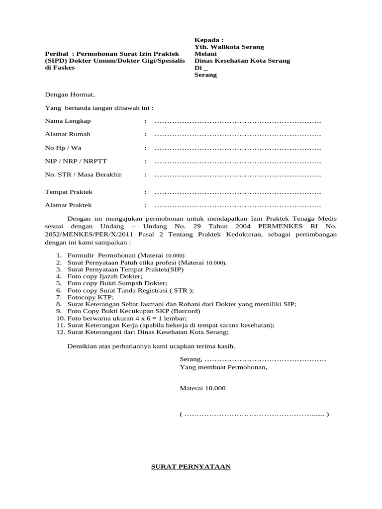 Formulir SIP Dokter Di Sarana 2021 | PDF