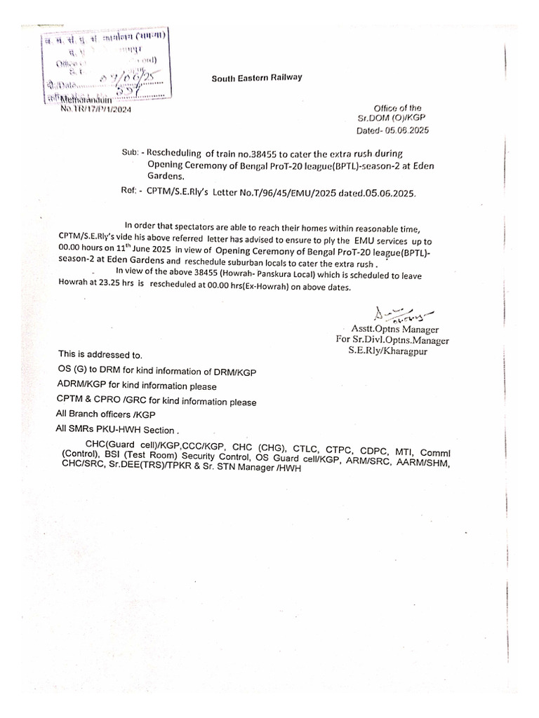 Rescheduling of Train No 38455 To Cater The Extra Rush During Opening ...