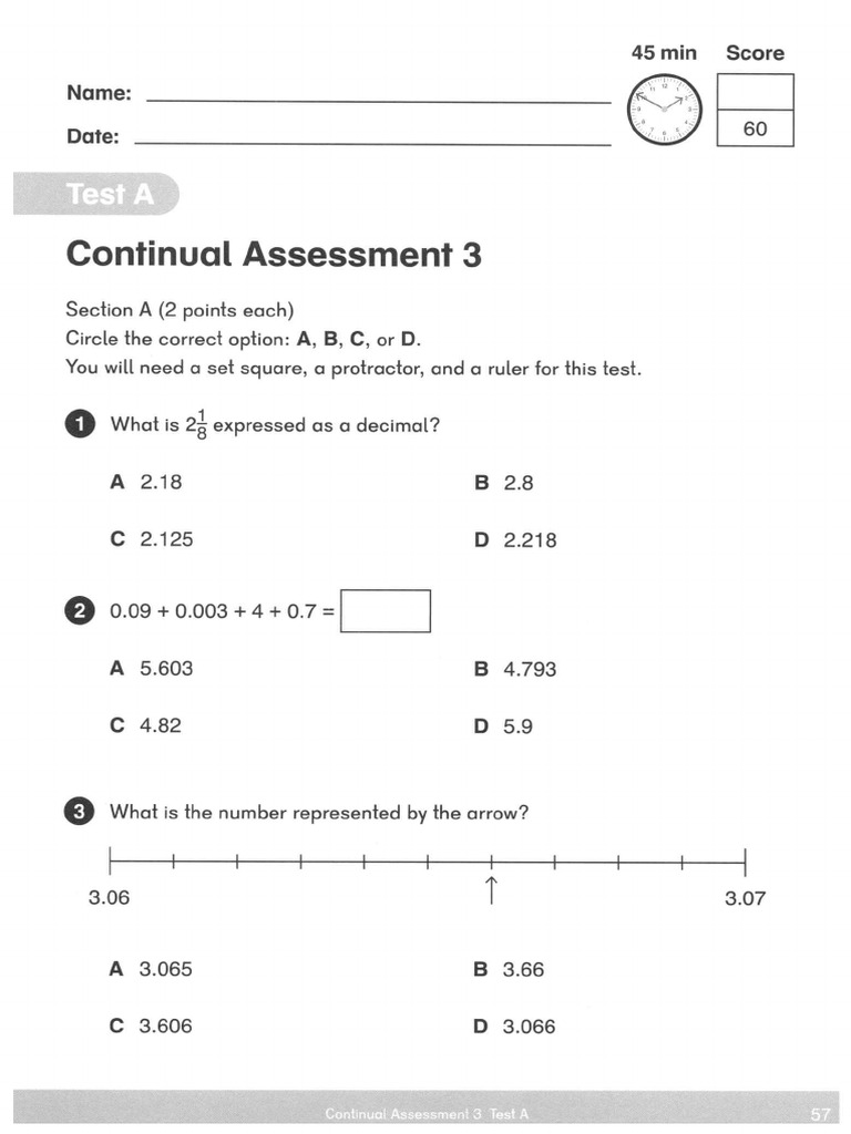 Math Test Continual Assessment 3 Test A | PDF