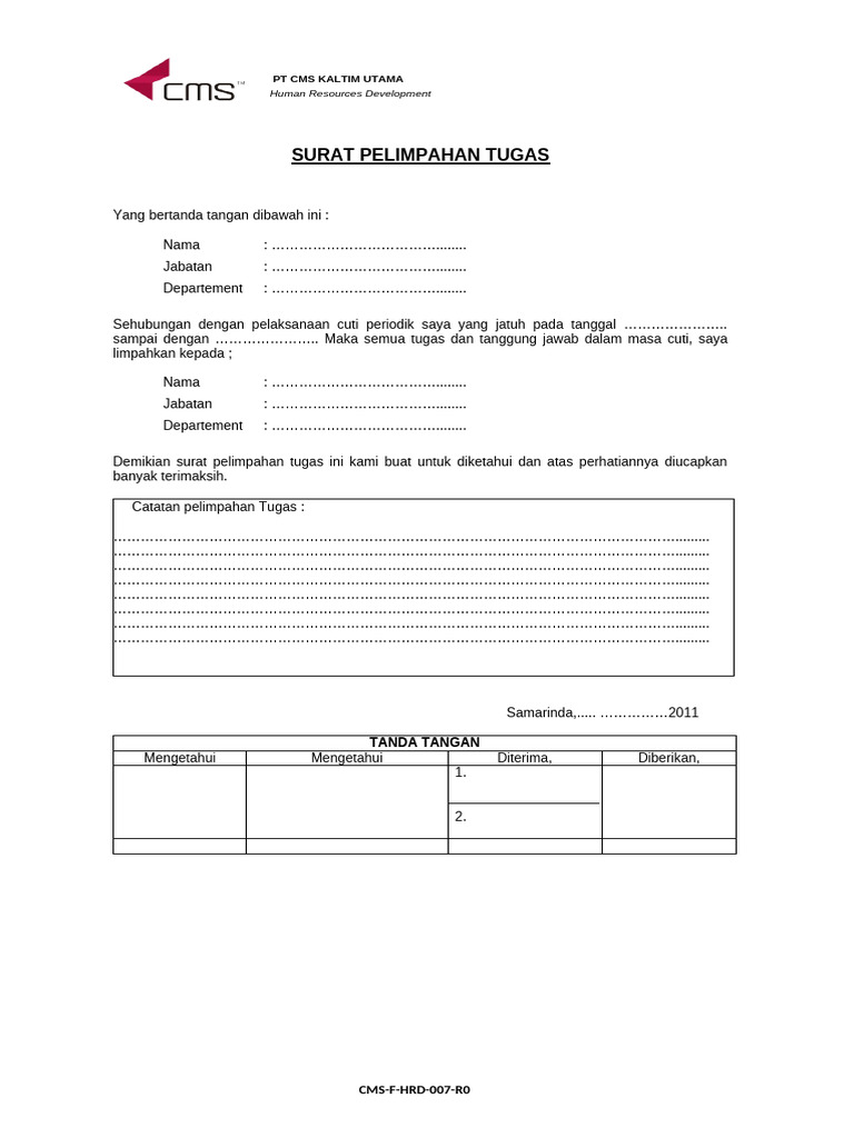 AMNK-F-HRD-007-R0 Form Surat Pelimpahan Tugas | PDF