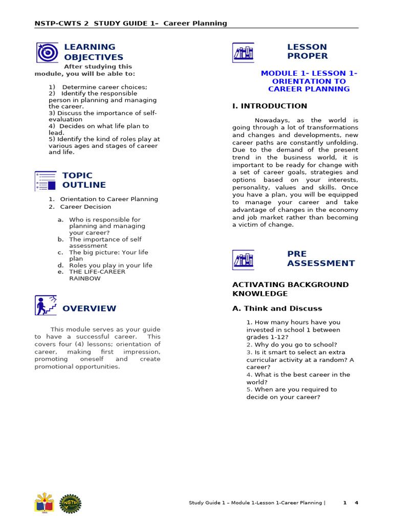 Study Guide 1 Module 1 Lesson 1 Career Planning Final Draft | PDF | Learning | Cognition