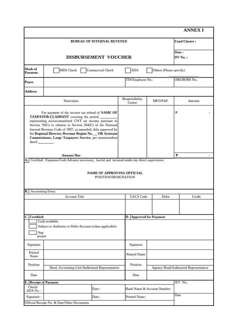 RMO 25 Annex I - Disbursement Voucher (DV) | PDF | Payments | Internal ...