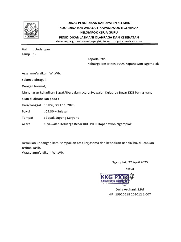 Undangan Syawalan Kel Besar KKG PJOK Ngemplak | PDF