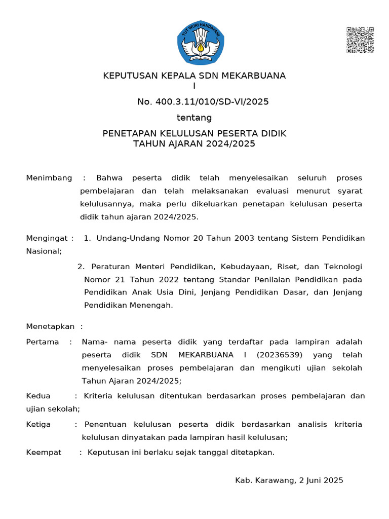 SK Penetapan Kelulusan | PDF