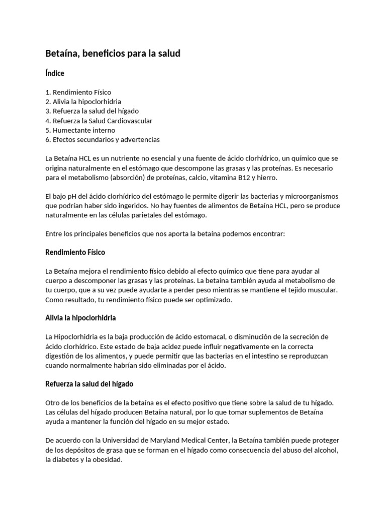 Betaína - Beneficios para La Salud | PDF | Alimentos | Ácido clorhídrico