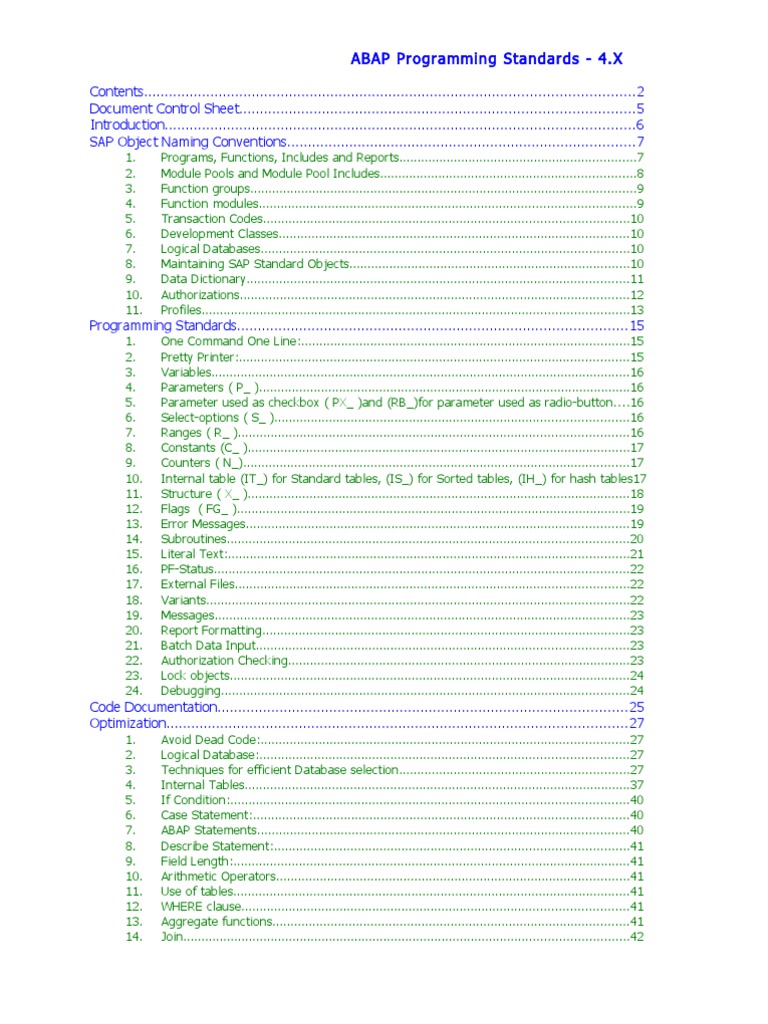 Abap Programming Standards Pdf Database Index Parameter Computer Programming