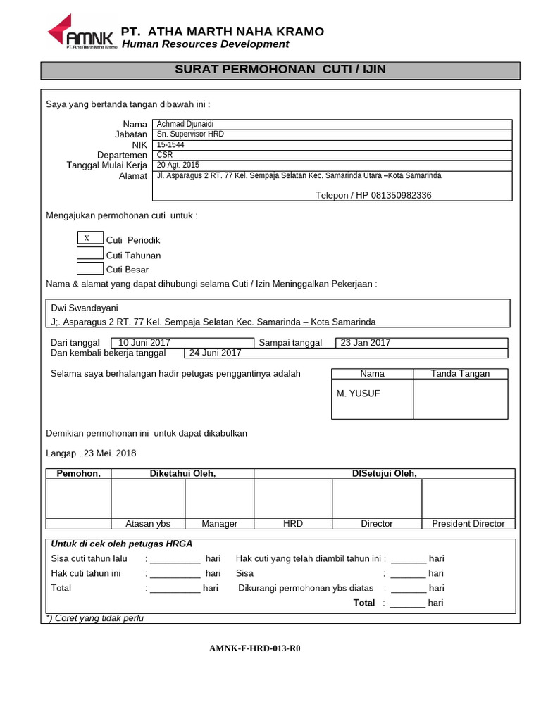 AMNK-F-HRD-013-R0 Form Cuti - Ijin | PDF